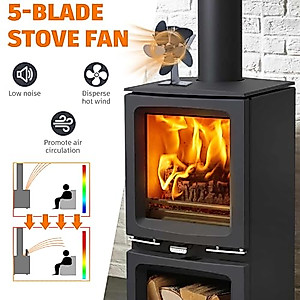 KIAADSY Wood Stove Fan Heat Powered, 5-Blade Fireplace Fan for Wood/Fireplace/Log Burner, Efficiently Circulate Warm Air, Cocoon Fan(Black, 5 Blade)