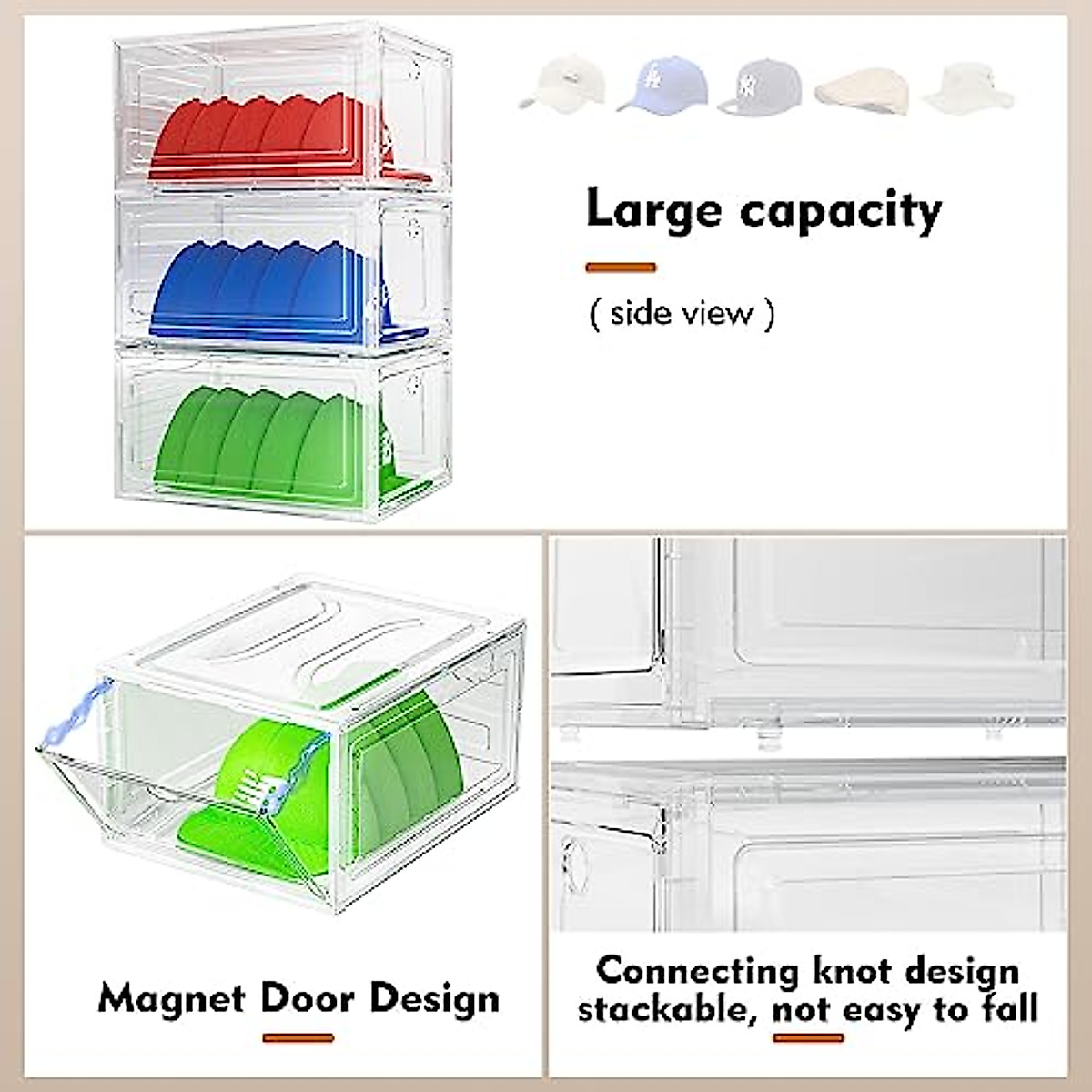 Hat Organizer Box Upgrade Harder Solid Plastic, 6 Pack Hat Organizer for Baseball Caps, Clear Hat Storage, Baseball Cap Organizer with Magnetic Door, Hat Rack, Hat Holder, Hat Case, Hat Box, White