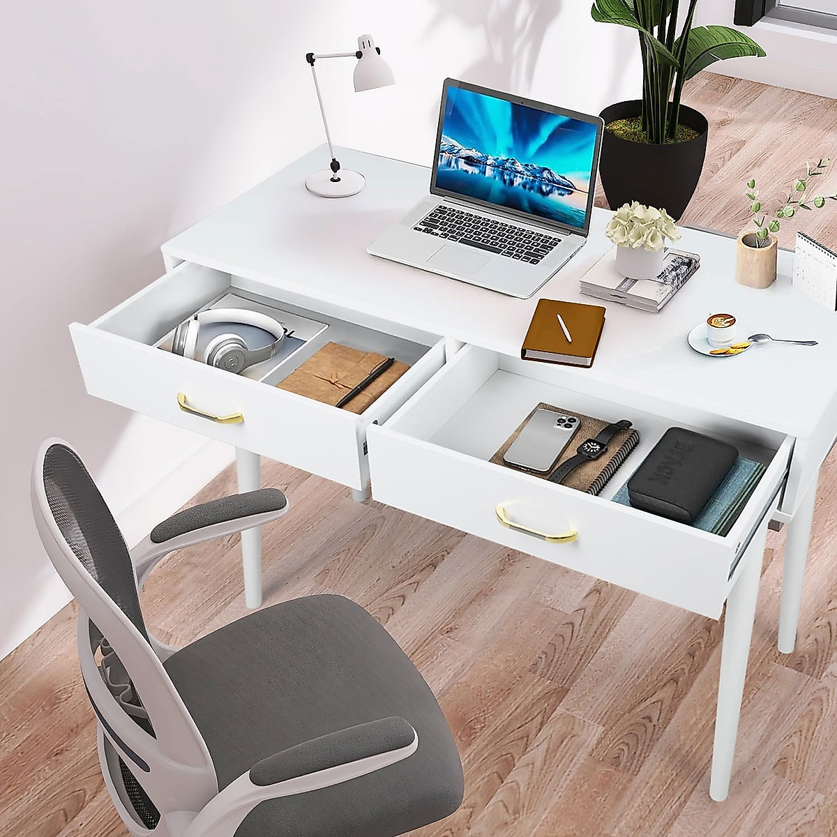 Rotihom Small White Desk with 2 Drawers, Modern Writing Desk for Small Spaces, Home Office Desk for Study, Laptop Computer Desk for Work, Makeup Vanity Table for Bedroom (White)