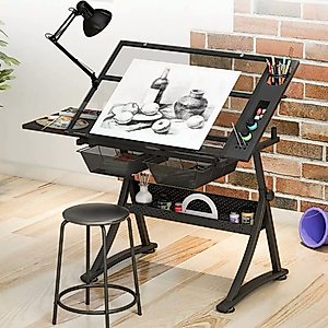 Drawing Table Glass Drafting Table Desk, Height Adjustable Drafting Table, 0-50°Tilting Drawing Desk, Artist Desk Study Table with 2 Slide Drawers for Reading, Writing Art Craft Work Station beautiful