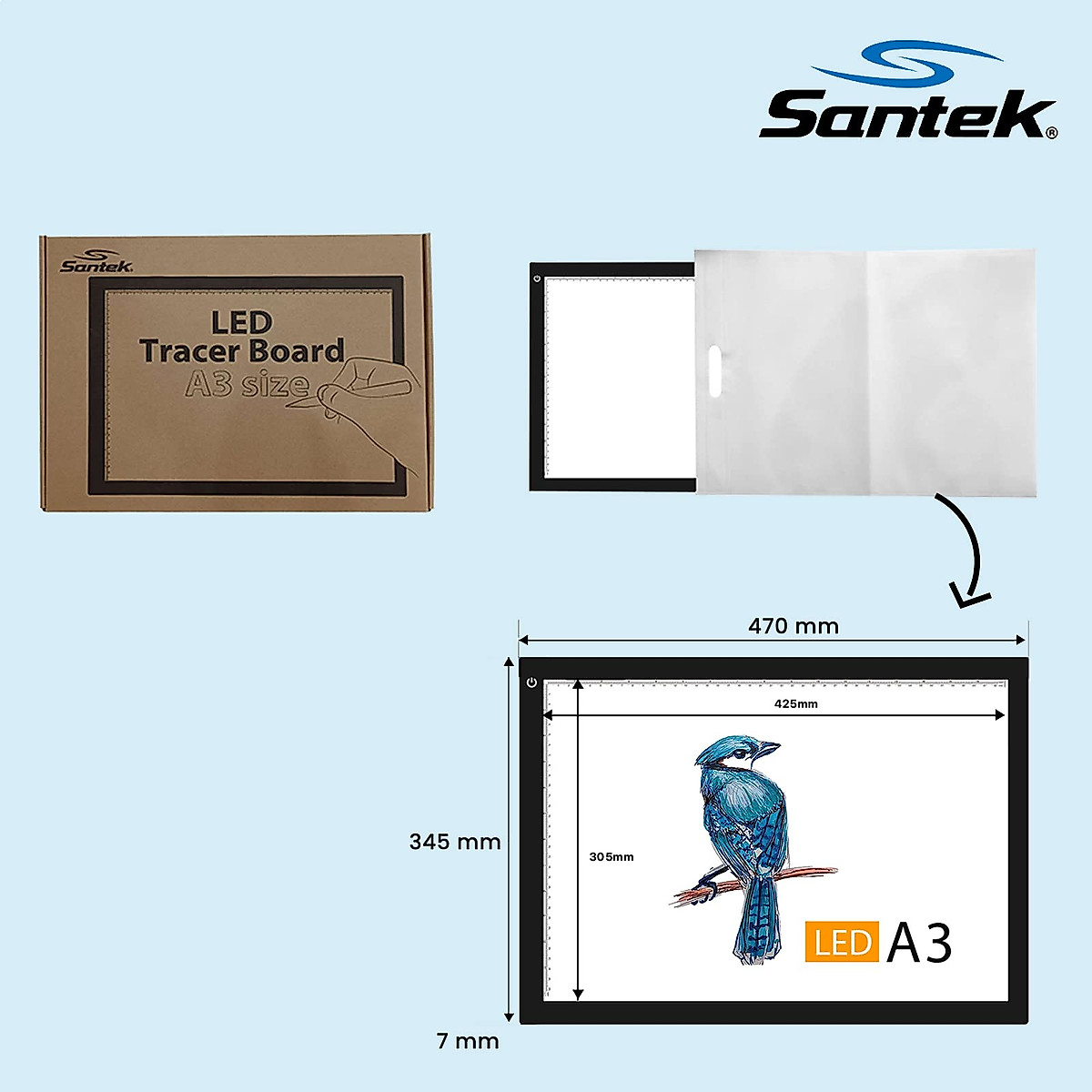 Santek A3 Eye-Friendly Dimmable LED Light Box for Tracing, Ultra-Thin Drawing Kit with Ruler, Magnets & Cable – Diamond Painting Art, Tattoo Stencils, Sketching, Animation & Artist Supplies