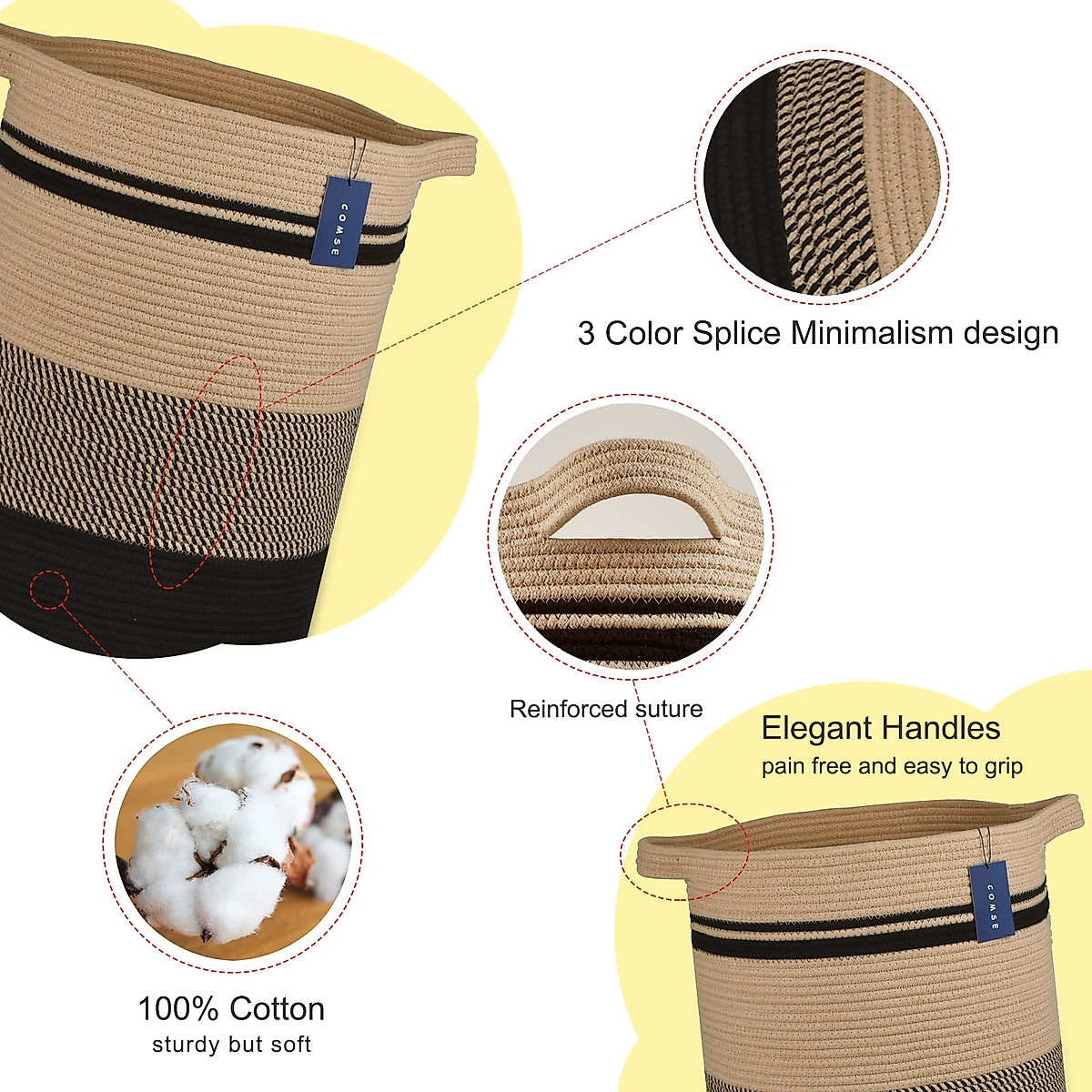 COMSE Extra Large Laundry Basket, Tall Blanket Basket, Laundry Hamper with Handles, 15.7”x 21.7”, Cotton Rope Basket, Woven Laundry Basket, Toy Basket, Clothes Baskets,Woven Basket, Brown/Black