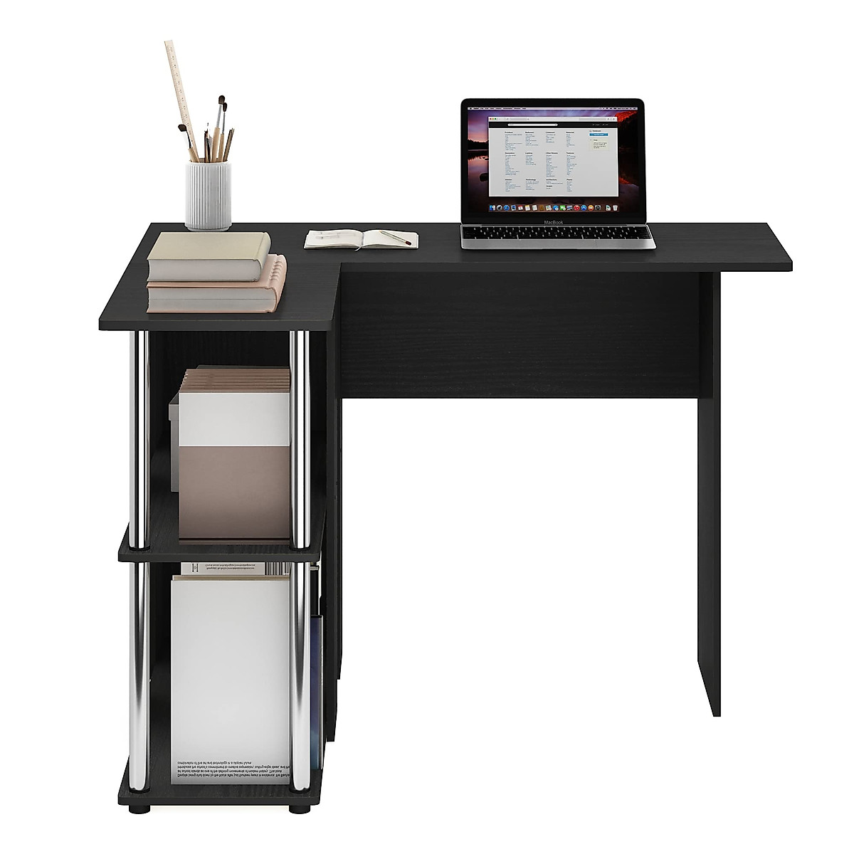 Furinno Abbott L-Shape Desk with Bookshelf, Americano/Chrome