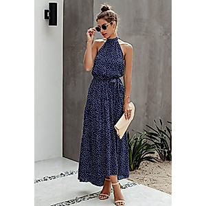 PRETTYGARDEN Women’s Casual Halter Neck Sleeveless Floral Long Maxi Dress Backless Loose Ruffle Sundress with Belt (Navy,X-Large)