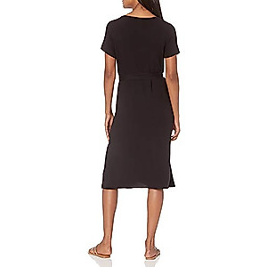 Amazon Essentials Women's Short-Sleeve Midi Button Front Tie Dress, Black, Large