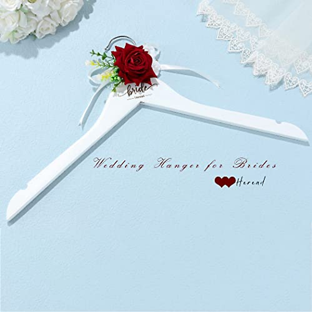 Heread Wedding Hangers White Wood Color Flower Bride Dress Hanger Leaf Groom Suit Hanger Engraved Wedding Grown Hanger with Ribbon Bow Knot for Women and Men (Bride (Pack of 1))