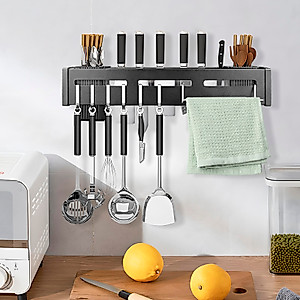 16In Stainless Steel Kitchen Knife Holder Wall Mounted with Hooks, Heavy Duty Adhesive Knife Strip for Wall, Kitchen Knife Storage Block, Knife Rack Organizer for Hanging Spoon Chopsticks (40cm)