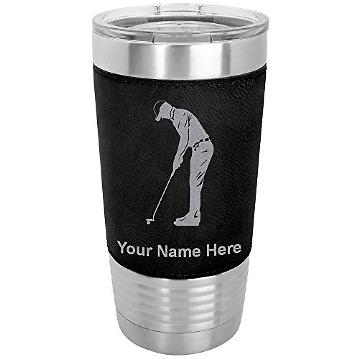 LaserGram 20oz Vacuum Insulated Tumbler Mug, Golfer Putting, Personalized Engraving Included (Faux Leather, Black)