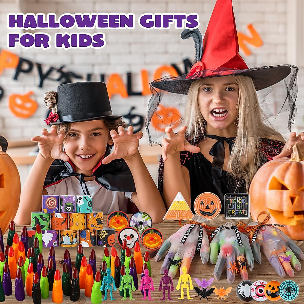 Deerher 233PCS Halloween Party Favors - 24 Pack Halloween Gloves Toys Bulk Stuffed, Non-Candy Halloween Treat Bag Gifts for School Classroom Kids Toddlers Boys Girls Prizes Party Supplies