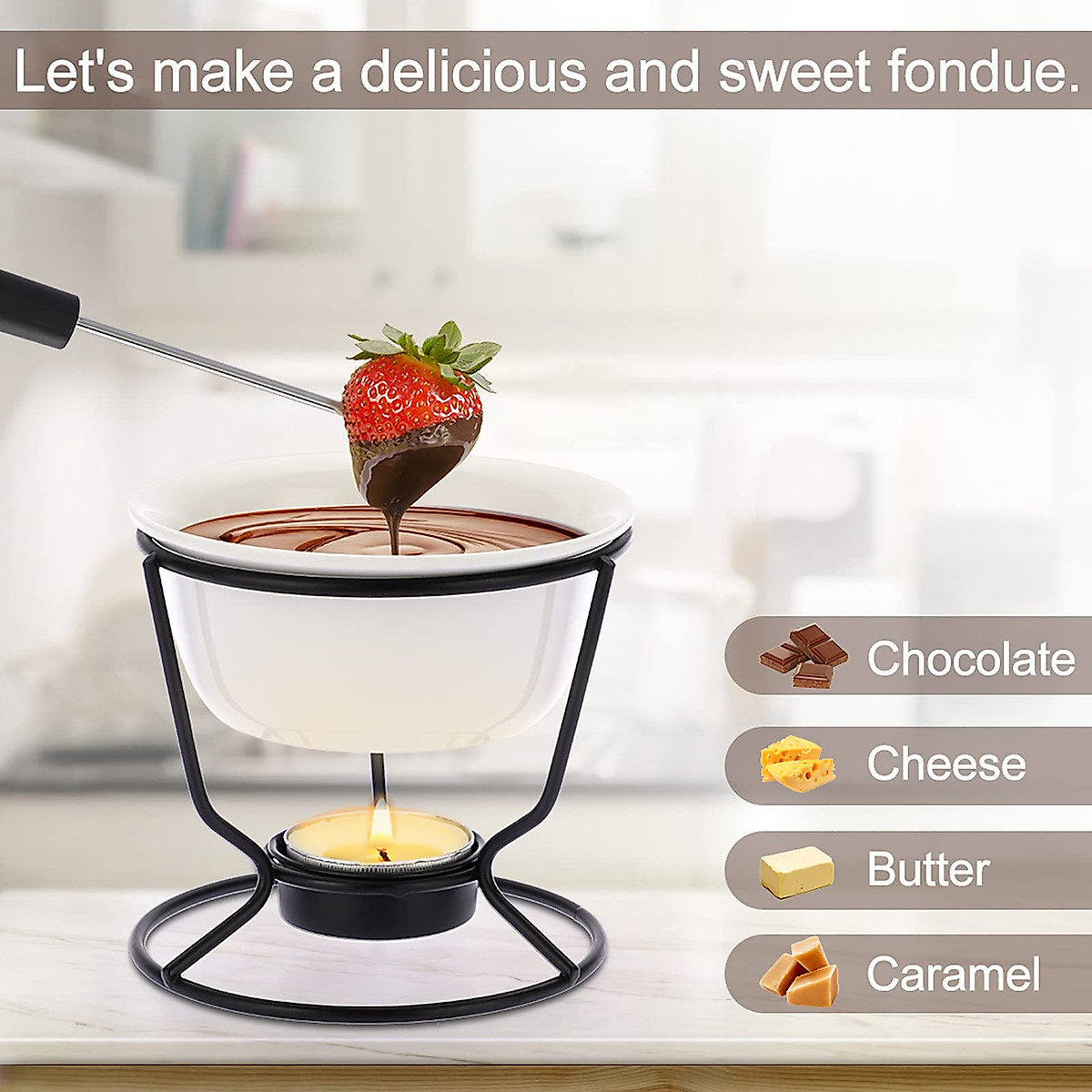 BSTKEY Ceramic Butter Warmer Set, Fondue Pot Melting Pot Set, Melt Hot Pot Round Bowl Set For Cheese Chocolate Butter Caramel, with 2 Dipping Forks