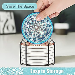 Teivio Absorbing Stone Mandala Ceramic Coasters for Drinks Cork Base with Holder, for Friends Funny Birthday Housewarming Apartment Kitchen Bar Decor, Suitable for Wooden Table, Coffee Table, Set of 8