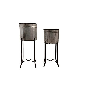 Creative Co-Op Farmhouse Round Corrugated Metal Planters on Stands, Set of 2 Sizes, Silver and Black