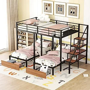 FANYHOME Full Over Twin & Twin Size Metal Bunk Bed with Drawers and Staircase, Divided into 4 Separate Beds, Heavy-Duty Steel Frame Bunk Bed for Kids Teens Adults (Black)