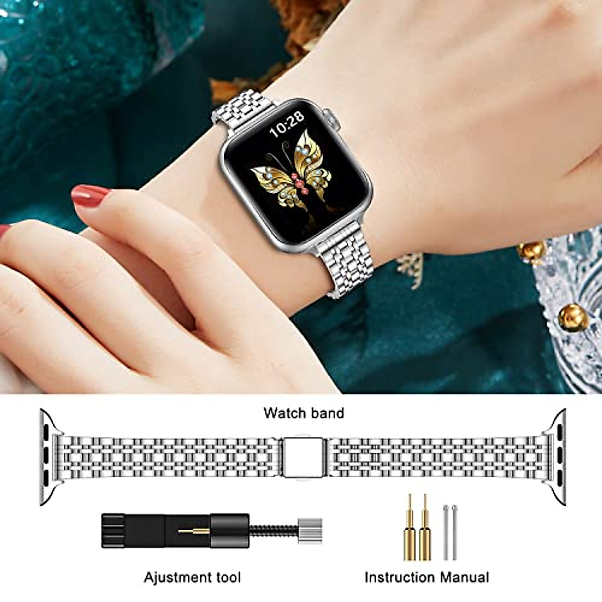MioHHR Slim Metal Band Compatible with Apple Watch Band 41mm 40mm 38,mm,Dressy Stainless Steel Chain Strap for Women iWatch Bands Series 9 8 7 6 5 4 3 2 1 SE,Silver