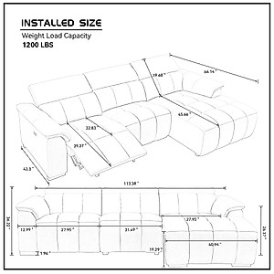 DREAMODERN 113.38" W Genuine Leather Sectional Sofa Couch with Power Recliner Chair for Living Room, Convertible L-Shaped Sofa Couch with USB Charge Ports for Home Office - Right Hand Facing, Gray