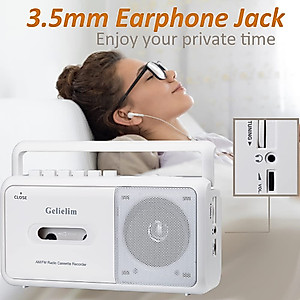 Gelielim Cassette Player Boombox, Portable AM/FM Radio Stereo, Cassette Tape Player Recorder with Big Speaker and Earphone Jack, Battery Operated or AC Powered Tape Recorder Cassette Player
