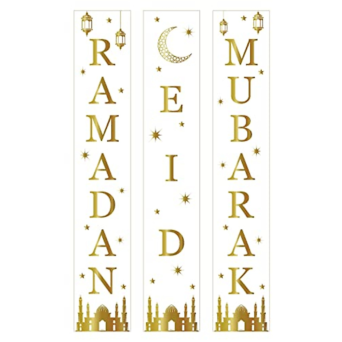 2 in 1 Ramadan Eid Mubarak Door Banner for Home,Mosque,Iftar,Eid Al Adha,Eid Al Fitr, Ramadan and Eid Decoration, Includes 1 Crescent and Star Banner (White)