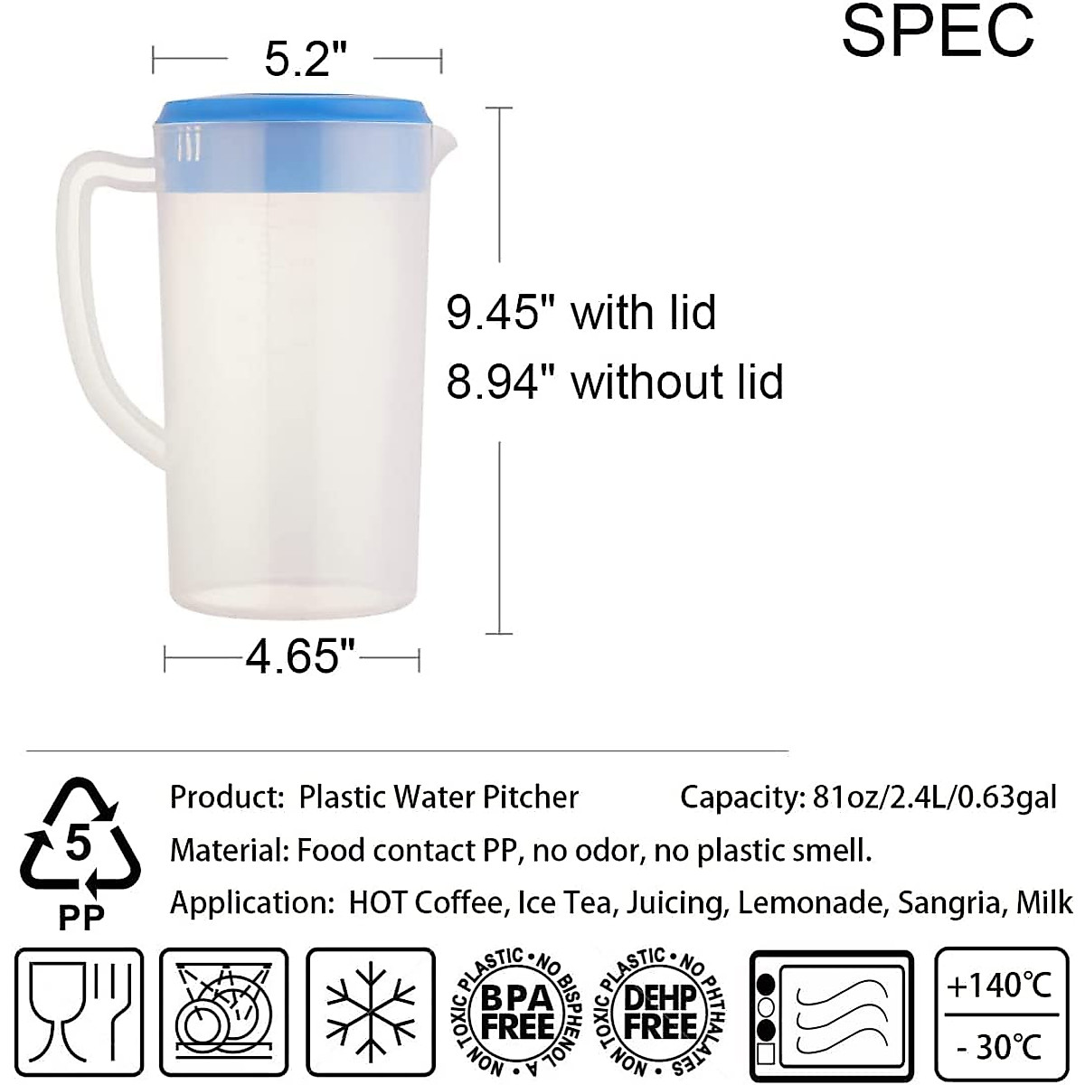 81oz/2.4Litre/0.63 Gallon Plastic Water Pitcher with Lid BPA-FREE Carafes Mix Drinks Water Jug for Hot/Cold Juice Beverage Ice Tea (Navy, 81oz)