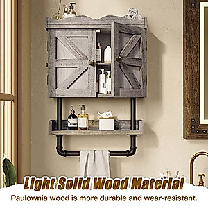 GREENSTELL Bathroom Wall Cabinet with Adjustable Shelf and 2 Hooks, 25.6''x16.1'' Double Doors Medicine Cabinet Wall Mounted with Hanging Bar, Light Solid Wood Storage Cabinet Kitchen, Grey