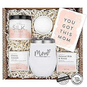 New Mom Gifts for Women - Est. 2023 Spa Basket w/ 12 oz White Tumbler Mothers Day Self Care Kit Relaxing after Birth Pregnancy First Time Moms