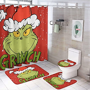 Oylyoyea Christmas Bathroom Shower Curtain Set, Christmas Shower Curtain 4-Piece Set with Non-Slip Rug, Toilet Seat Cover and Bath Mat, Holiday Home Decor (Style 1) (Red)