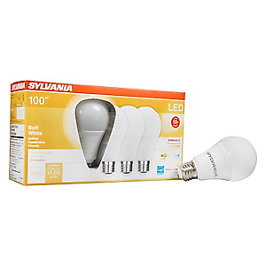 SYLVANIA LED Light Bulb, A19, 100W Equivalent, Efficient 16W, 13 Year, Medium Base, Dimmable, Frosted, 2700K, Soft White - 4 Pack (40737)