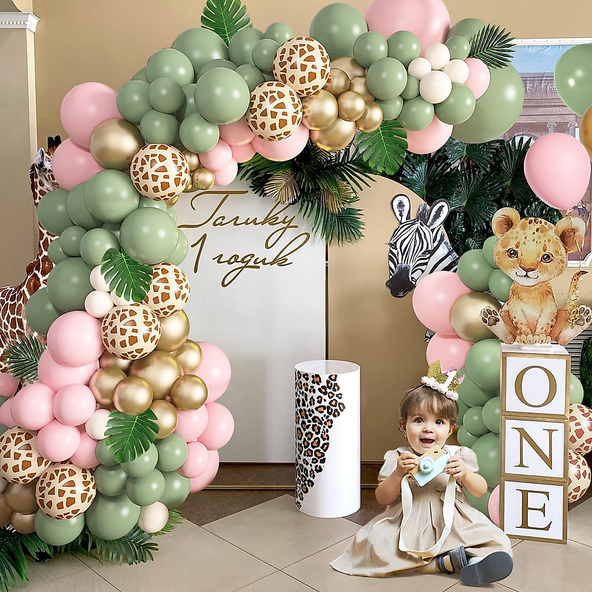 163Pcs Safari Balloon Garland Arch Kit, Animal Print Sage Green Jungle Balloons for Wild One Baby Shower Birthday Decorations Girl Boy Woodland Wedding Bridal Party Supplies
