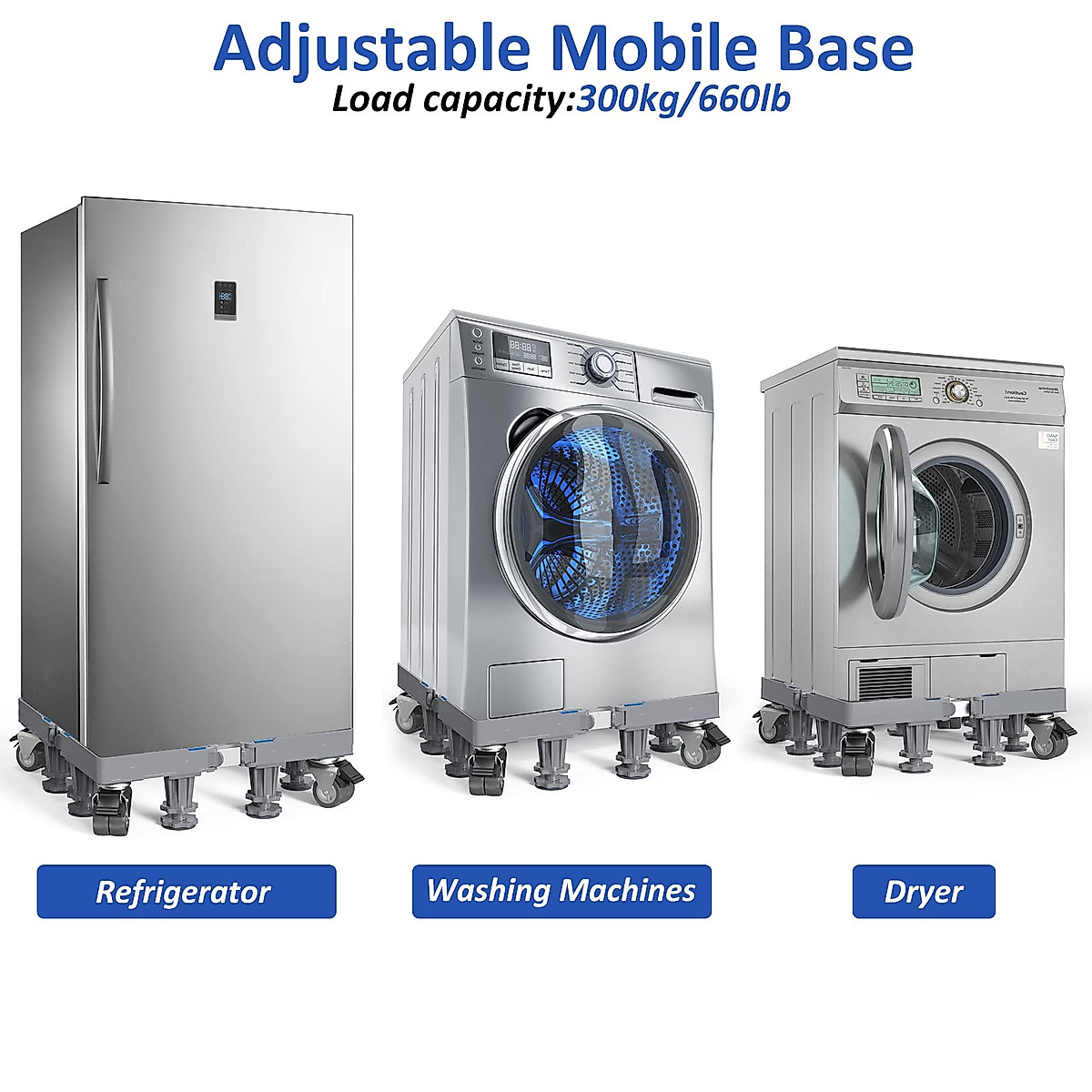 OREKO Mini Fridge Mobile Base Stand Adjustable Washer Dryer Refrigerator Stand With 4 Dual-wheel And 8 Lifting Feet (Double-tube)