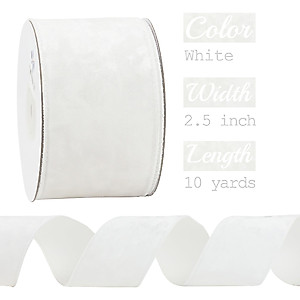 MEEDEE White Crushed Velvet Ribbon 2.5 Inch Velvet Wired Ribbon Crushed Velvet Christmas Ribbon 10 Yards White Velvet Ribbon for Christmas Tree Decoration, Wreath Supplies, Crafts Bow Making