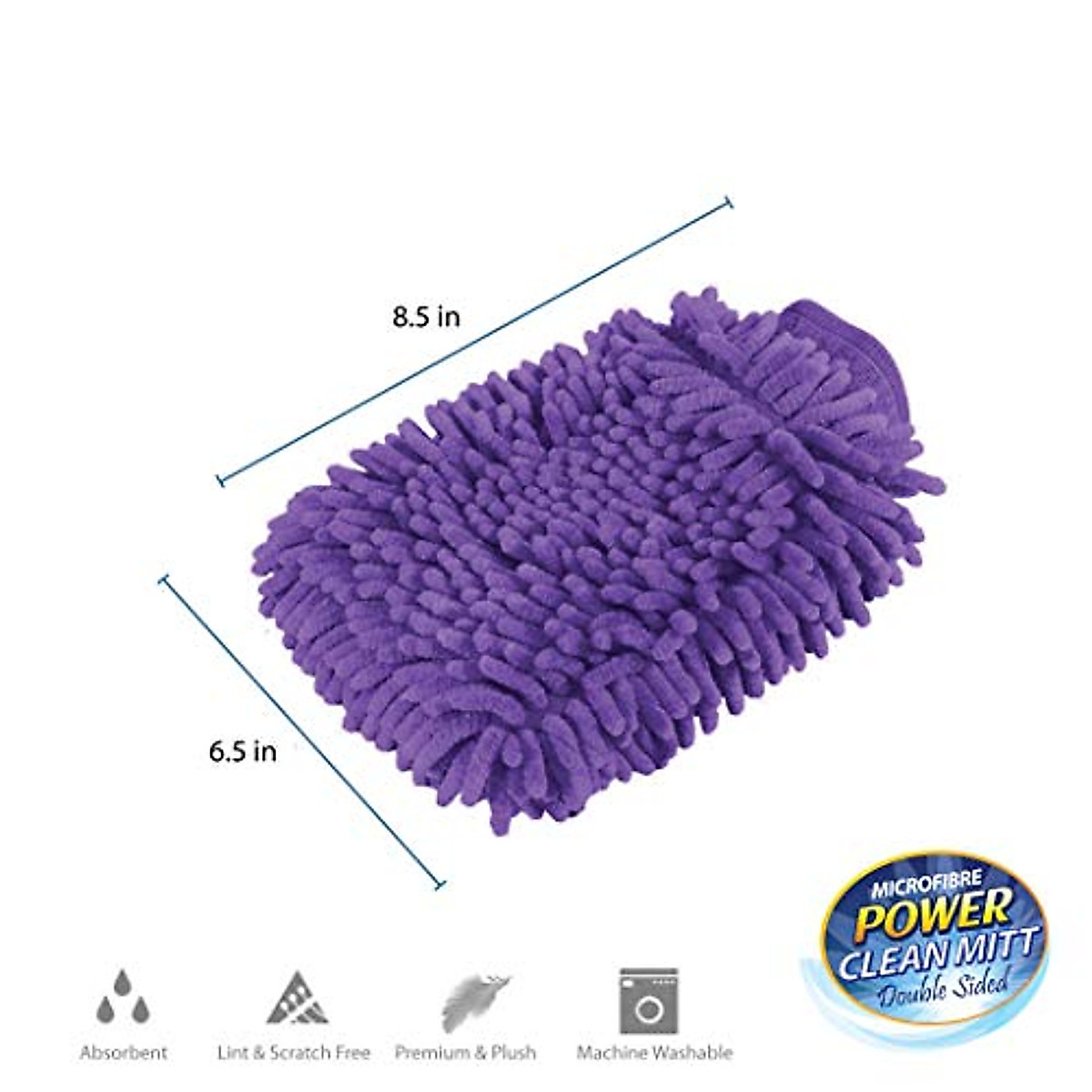 2 Pack. Premium car wash Microfiber Chenille mitt. Super auto Absorbent. Ultrafine Sponge Fiber Glove. Professional Cleaning at Home, Kitchen, Hand car Washing Care. Soap Chemical Resistant. (Purple)