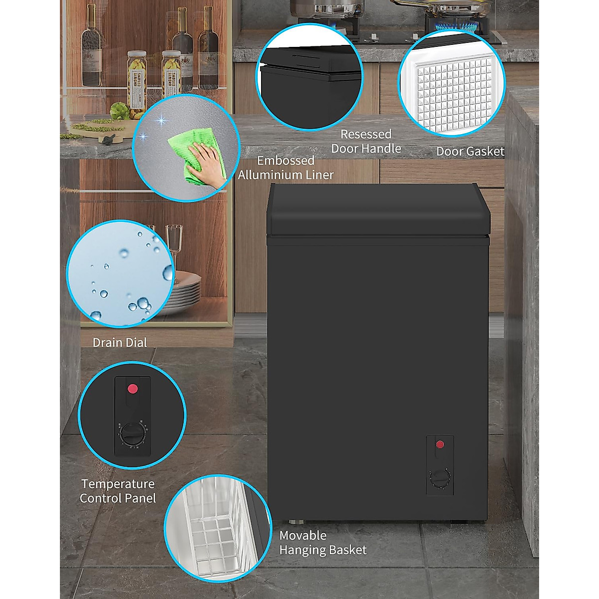 Muhub 3.5 Cu Ft Chest Freezer, Compact Freezer with 7 Level Adjustable Temperature,Top Open Door Freezer with Removable Storage Basket,Energy Saving Deep Freezer, Black