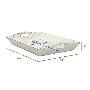 Large Ottoman Tray for Food, Snack, Breakfast in Bed, Unique Rustic Wooden Tray with Handles, Rectangular White Decorative Trays for Coffee Table Dinner Kitchen, Wooden Handcrafted Tea Tray