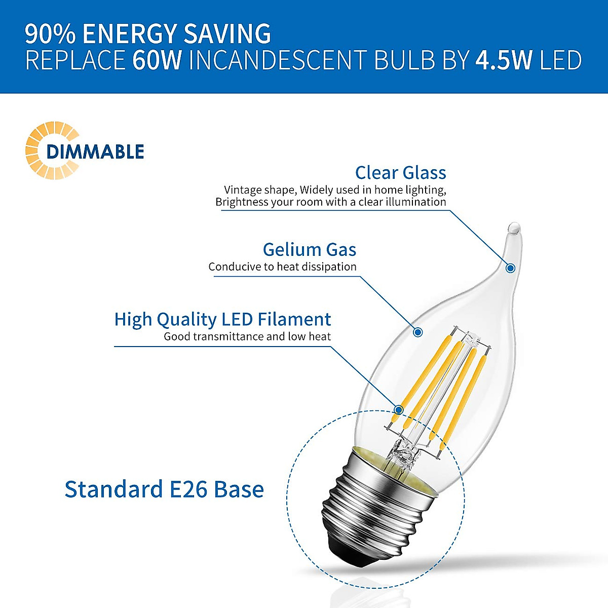 ANWIO C35/CA11 Flame Tip Chandelier Light Bulbs, LED Filament Bulb Candelabra E26 Base, Dimmable 4.5W (60W Equivalent) B11 E26 Medium Base, 2700K Warm White, 6 Pack