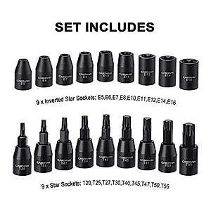 CASOMAN 87 Pcs 3/8" Drive Master Impact Socket Set, SAE&Metric Standard,Deep,Swivel Sockets,Cr-MO Steel, Includes Star and Inverted Star Socket, Imapct Universal Joint, Extension Bars