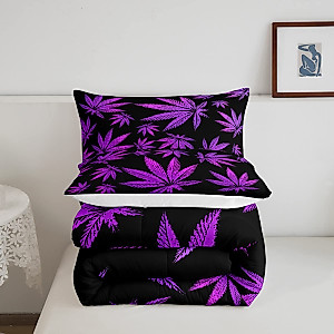 Feelyou Marijuana Leaf Queen Size Black Purple Comforter Set Weed Leaf Botanical Bedding Set for Kids Men Women Adults Cannabis Leaves Comforter Luxury Puple Hemp Quilt Set Room Decor 3Pcs