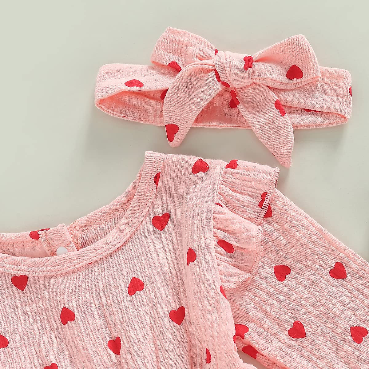 WASAIGOOD Newborn Baby Girls Cotton Linen Romper Dress Long Sleeve Heart Print Valentine's Day Onesie Outfits with Headband (Pink,6-12 Months)