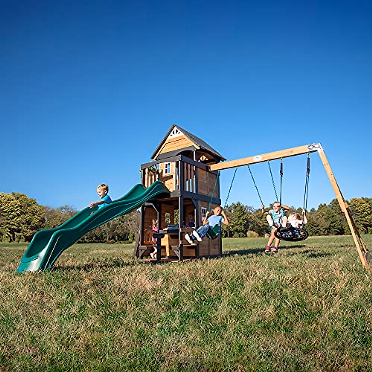 Backyard Discovery Canyon Creek All Cedar Wood Swing Set, Playhouse with Grill, Plastic Food, Picnic Area, Steering Wheel, Two Belt Swings, Rock Climbing Wall, Balcony, Deck, Slide, Web Swing,Brown