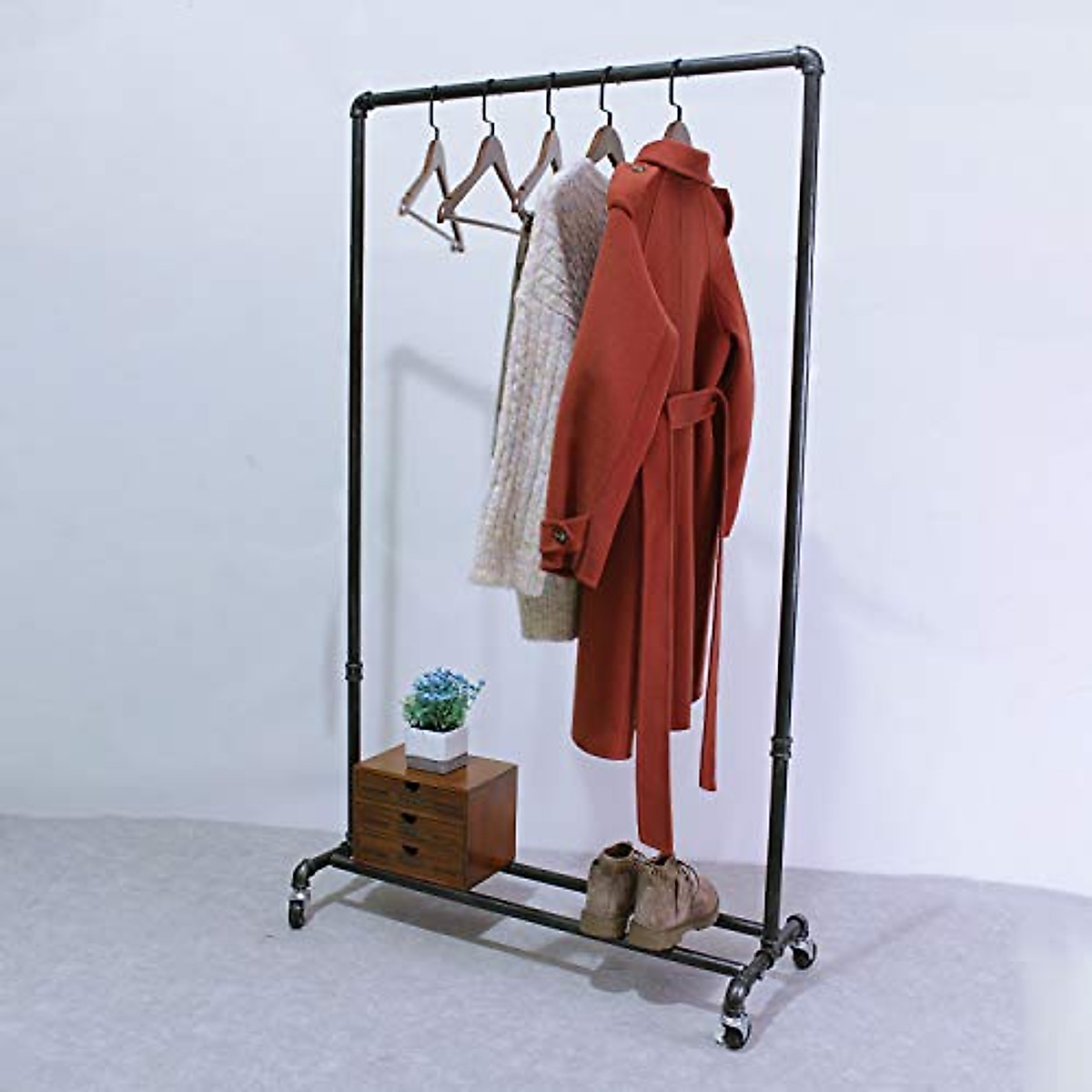 MBQQ Industrial Pipe Clothing Racks on Wheels,35in Length Heavy Duty Garment Racks Commercial Grade,Vintage Rolling Ballet Rack Clothes Display Rack Retail Display,Black Brush Silver