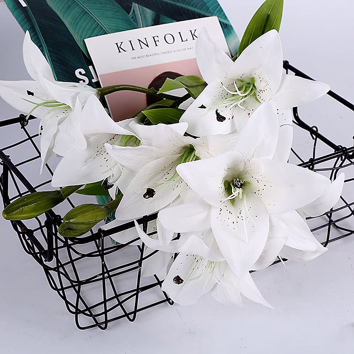 Aiinoo 5pcs Artificial Lily Faux Flowers Plastic Easter Tiger Lily Real Touch Bouquet for Wedding Party Home Garden Hotel Decor (White)