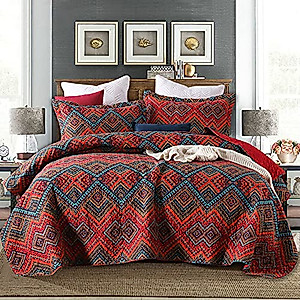 Yvooxny Quilt Set Queen Size Bedspread Bohemian Style Lightweight Cotton Quilted Coverlet Bedding Set for All Seasons, Boho Red Jacquard Pattern, 90 * 98 Inches