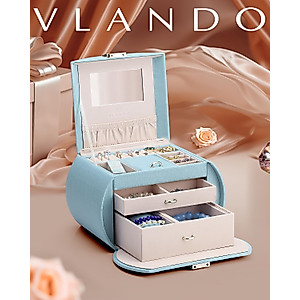 Vlando Jewelry Box for Girls Princess Style Girls Jewelry Box 3-Layer Kids Jewelry Box with Mirror Jewelry Box for Girls 8-12 Valentines Day Gifts for Her (Blue)