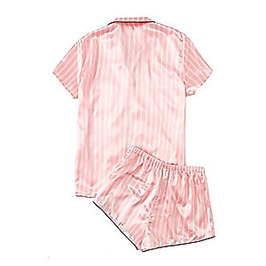 WDIRARA Women's Satin Sleepwear Short Sleeve Button Shirt and Shorts Pajama Set Silky PJ Striped Pink S