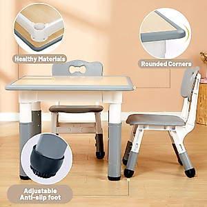 FUNLIO Kids Table and 2 Chairs Set for Ages 3-8, Height Adjustable Toddler Table and Chair Set, Easy to Wipe Arts & Crafts Table, for Classrooms/Daycares/Homes, CPC & CE Approved (3pcs Set) – Grey