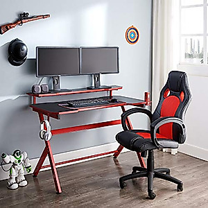 JJS 48" Home Office Gaming Computer Desk with Removable Monitor Stand, R Shaped Large Gamer Workstation PC Table with Cup Holder Headphone Hook Speaker Storage Free Mouse pad, Black/Red