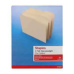 Staples 1/3-Cut Tab, Assorted Position File Folders, Letter Size, 14-Point Heavyweight Paper Stock, 50 Folders Per Pack, Manila