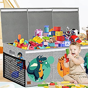 Toy Chest for Boys,Kids Toy Storage Bins,Toy Box for Boys,Collapsible toy organizers with Lid Handles,Removable Divider,Large Storage Containers for Playroom,Bedroom,Nursery,Dinosaur Pattern (grey)