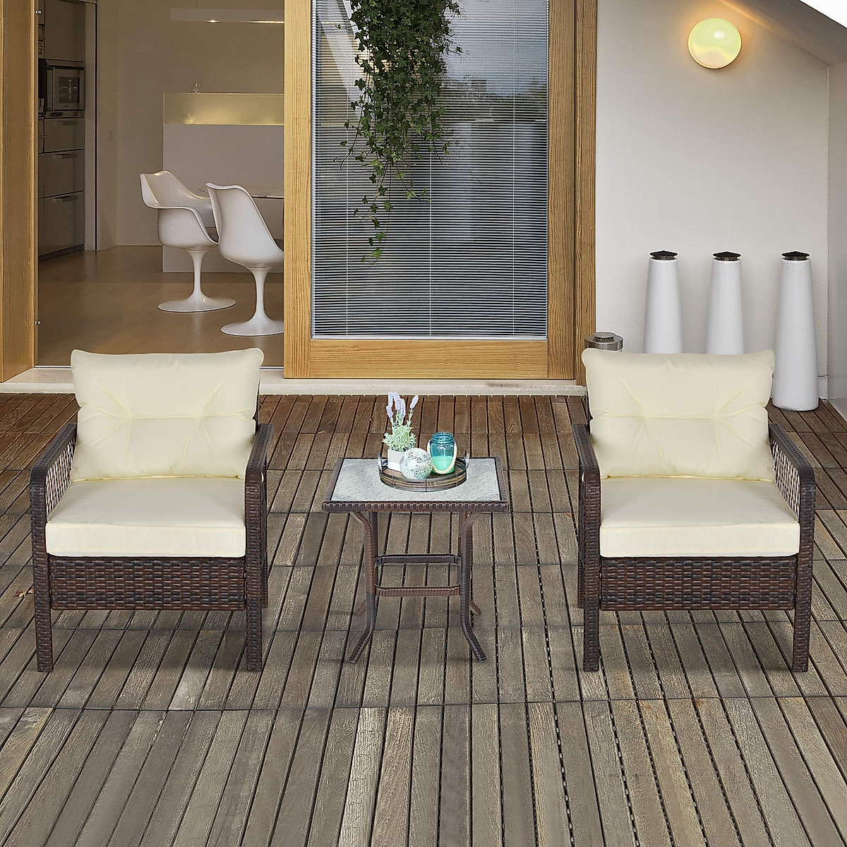 Outsunny 5-Piece PE Wicker Patio Furniture Set, Conversation Set with Outdoor Ottomans, Table & Chairs, Small Balcony Furniture for Apartments, Steel, Cream White