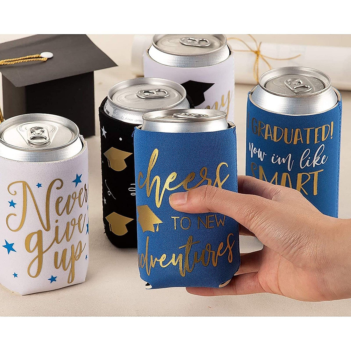 12 oz Graduation Neoprene Can Cooler Sleeves for Soda, Beer, Beverages (12 Pack)