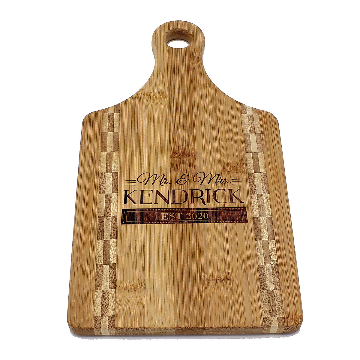 Deluxe Personalized Wedding Anniversary Couples Bamboo Cutting Board (Paddle 13.15")