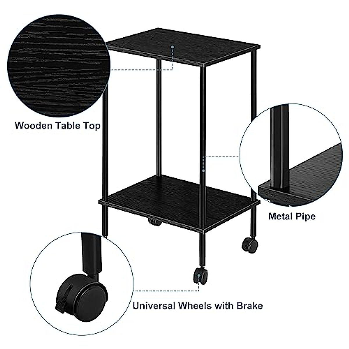 Vrisa End Table Set of 2 Side Table Livingroom Bedside Tables for Small Spaces Nightstands Set of 2 Small Narrow End Table with Wheels 2-Tier Space Saving for Living Room Bedroom Office, Black